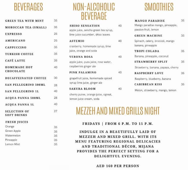 Menu at Mijana restaurant, Abu Dhabi