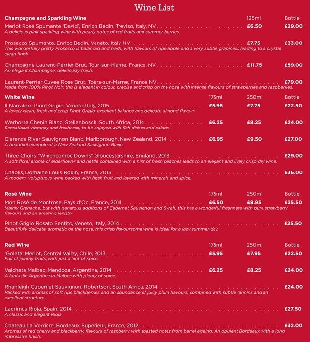 Menu at The Orangery restaurant, London, Kensington Palace