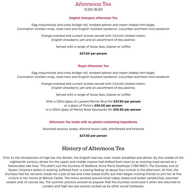 Menu at The Orangery restaurant, London, Kensington Palace