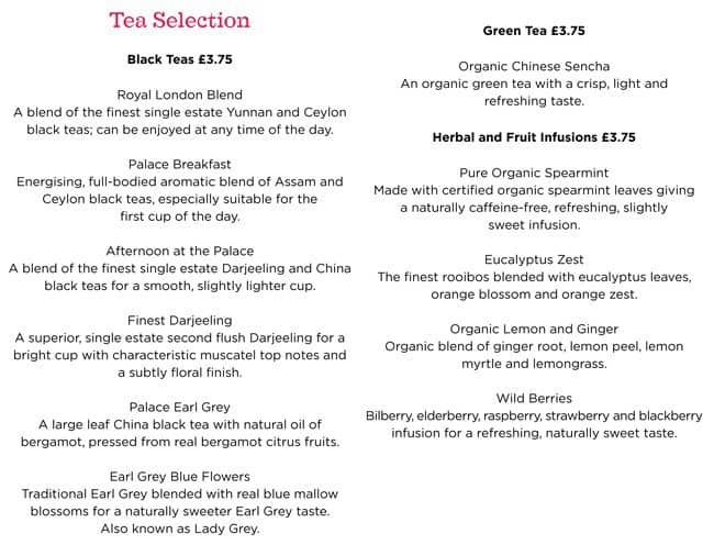 Menu at The Orangery restaurant, London, Kensington Palace