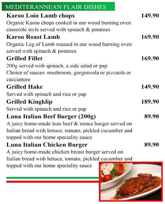 Menu at Luna Deli restaurant, Johannesburg