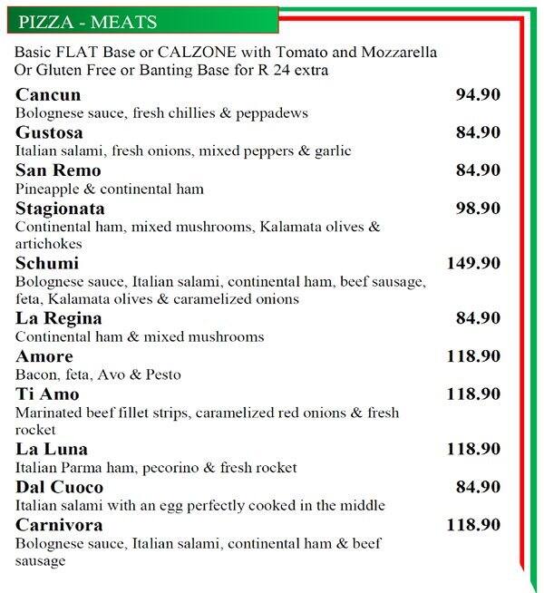Menu at Luna Deli restaurant, Johannesburg