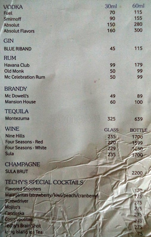 Menu at Solis, Hyderabad