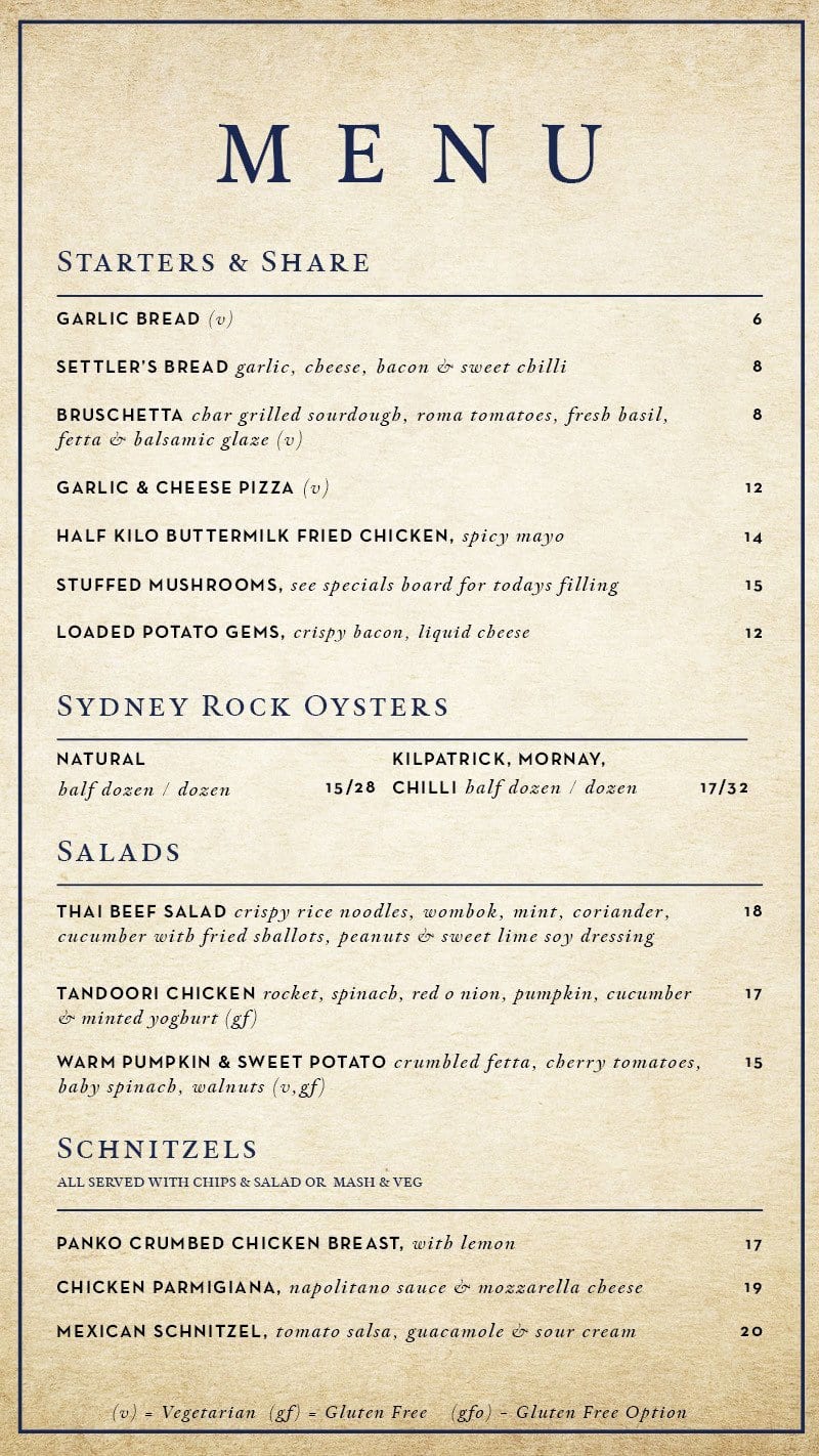 Menu at The Settlers Tavern pub & bar, West Gosford