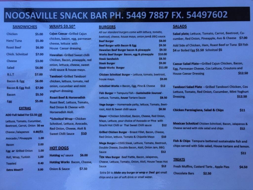 Menu at Noosaville Snack Bar, Noosaville