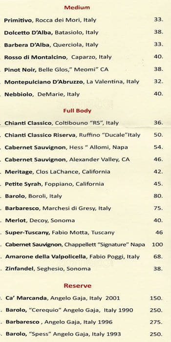 Menu at Via Veneto pub & bar, Chicago, Lincoln Ave