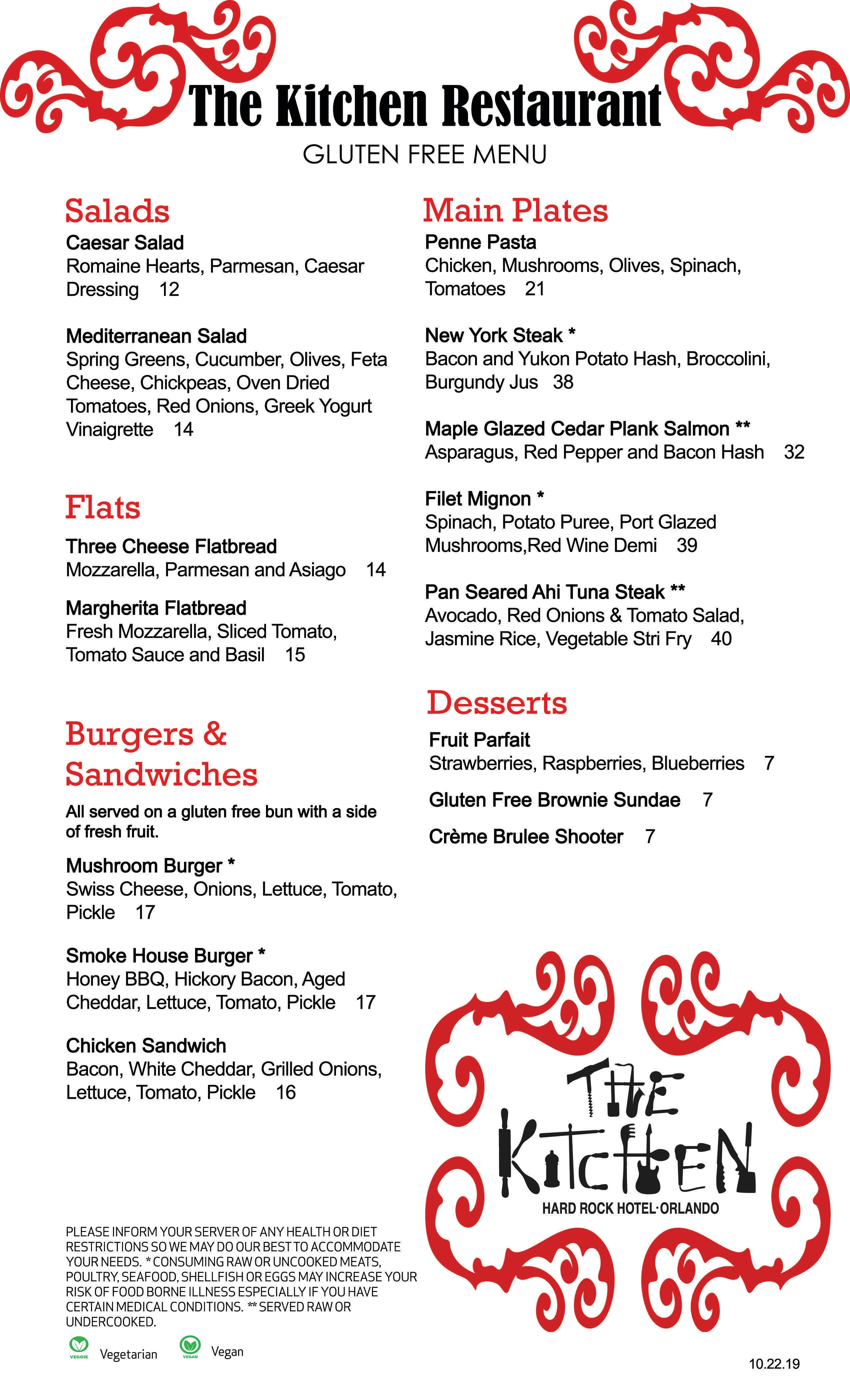 Menu at The Kitchen restaurant, Orlando, Universal Blvd