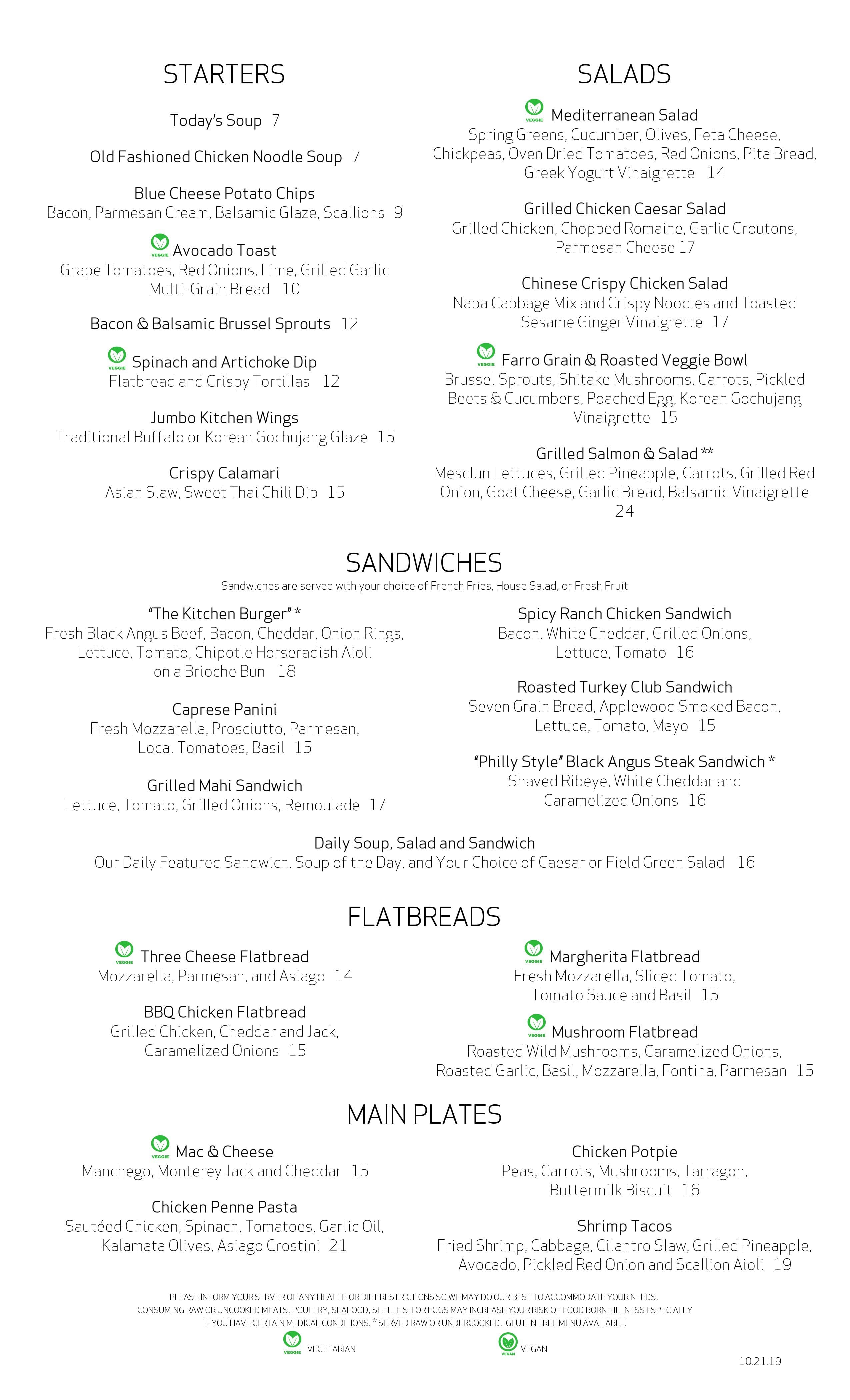 Menu at The Kitchen restaurant, Orlando, Universal Blvd