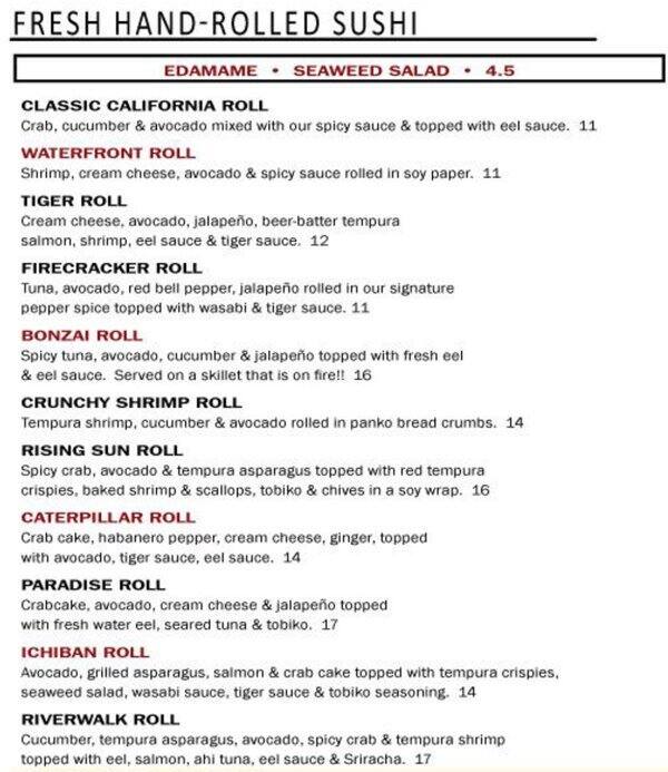 Menu at Waterfront Grill Tulsa restaurant, Jenks