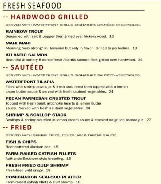 Menu at Waterfront Grill Tulsa restaurant, Jenks