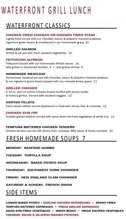 Menu at Waterfront Grill Tulsa restaurant, Jenks