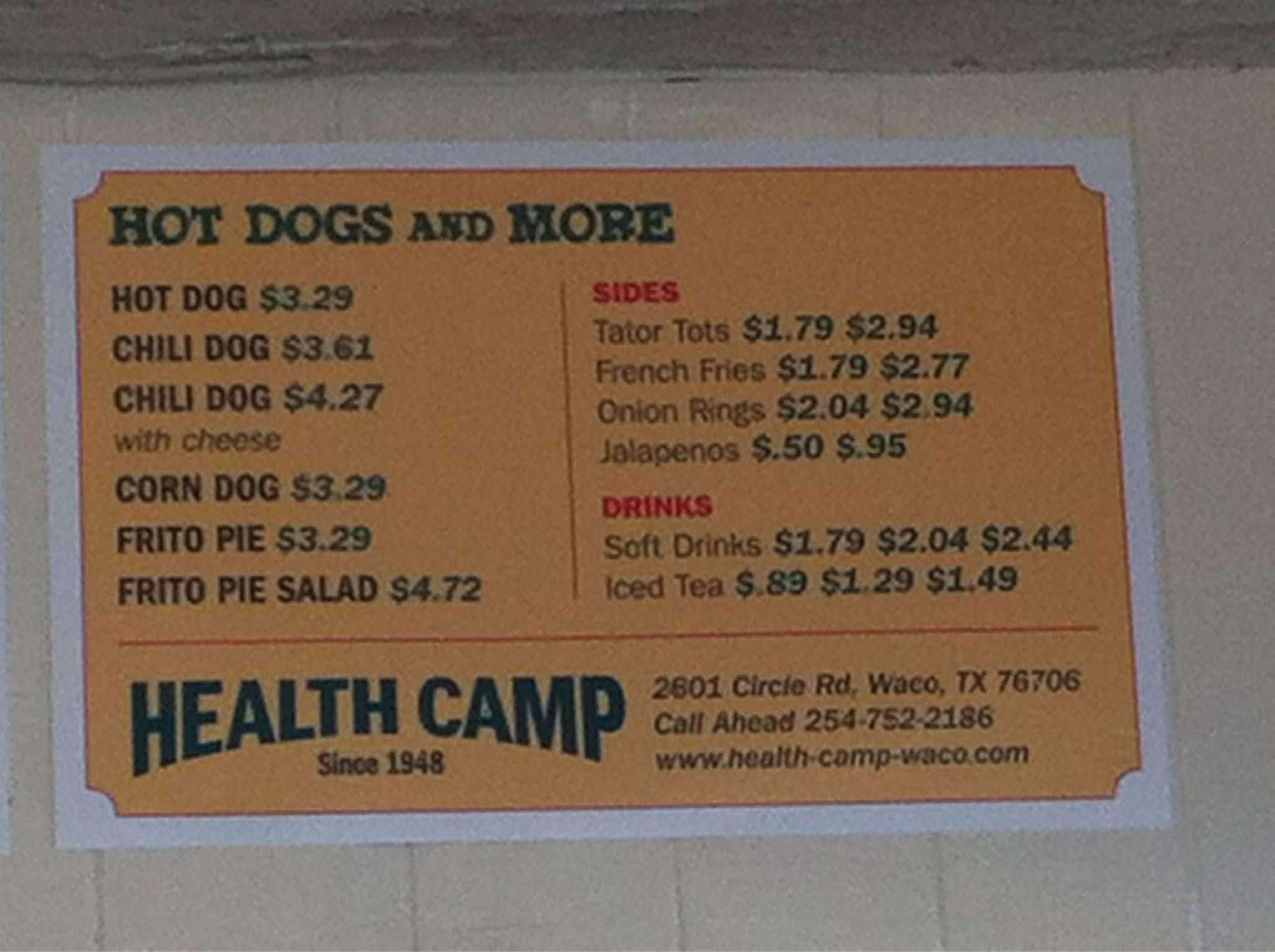 Menu at Health Camp fast food, Waco