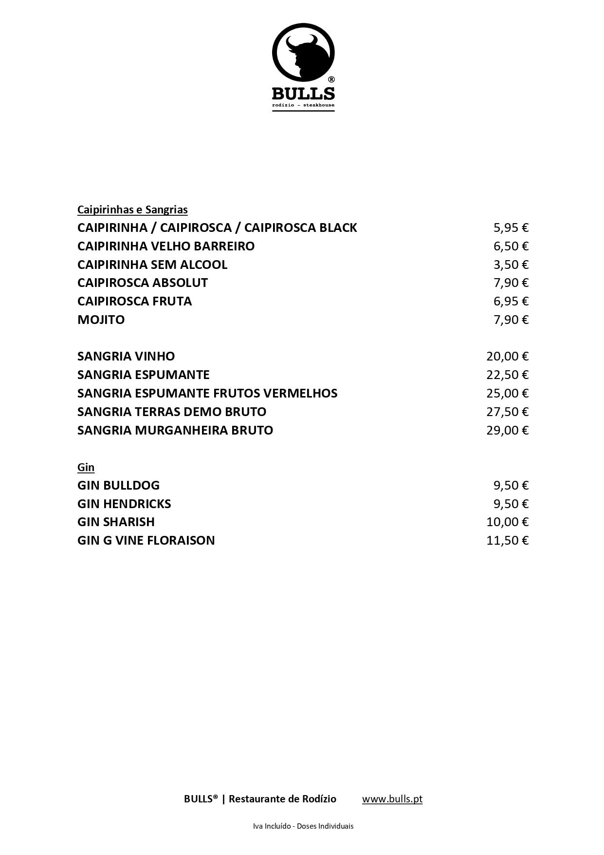 Menu at Bulls restaurant, Matosinhos