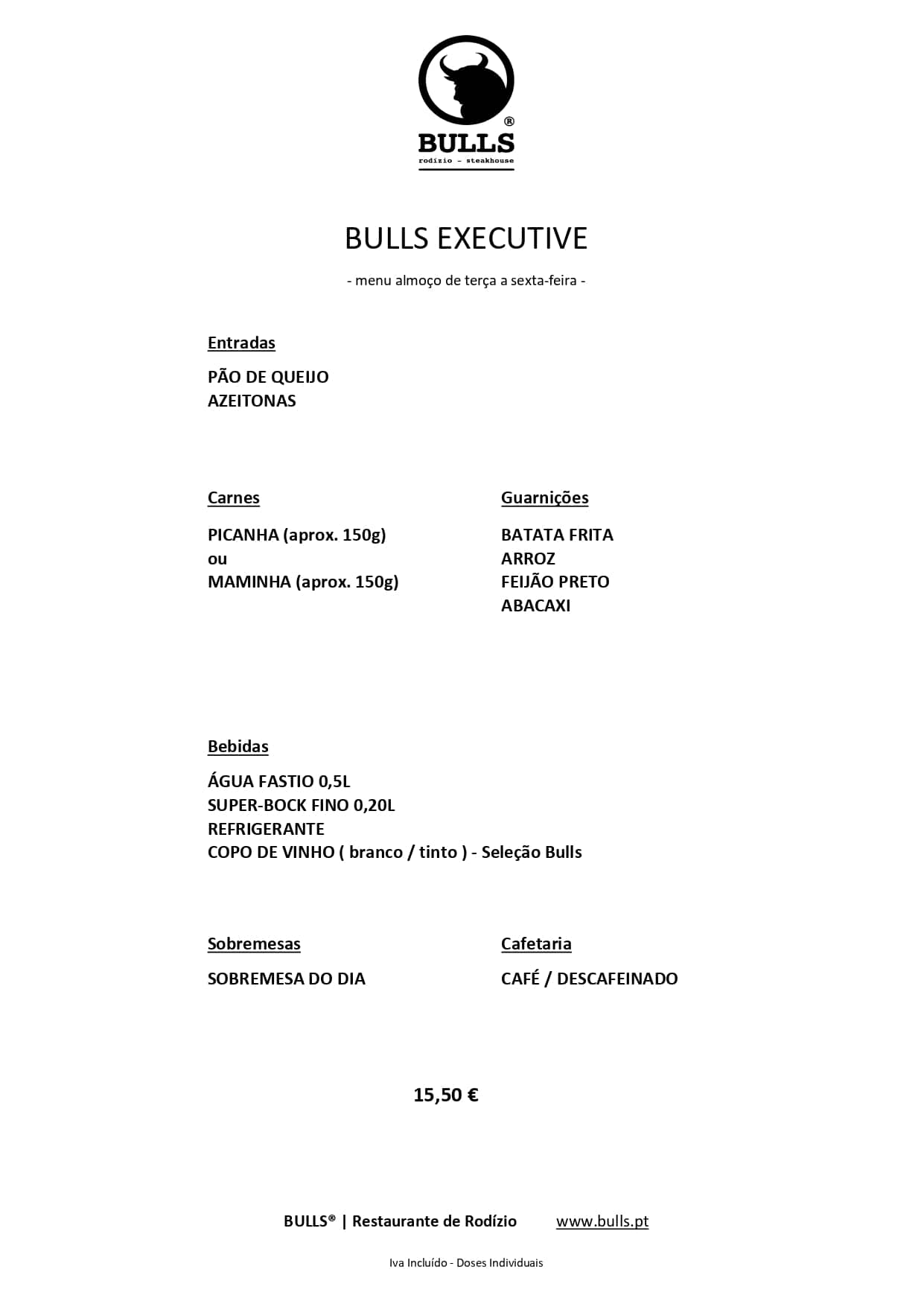 Menu at Bulls restaurant, Matosinhos