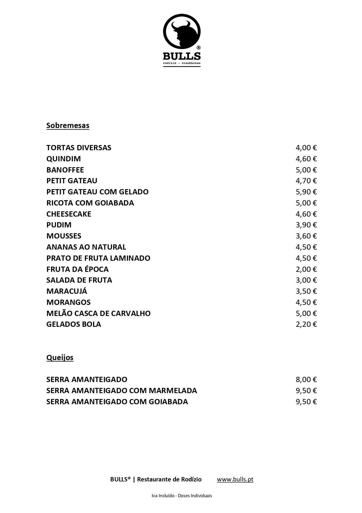 Menu at Bulls restaurant, Matosinhos