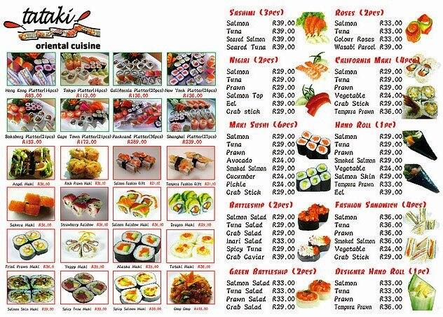Menu at Tataki, Pretoria, Watermeyer Shopping Centre