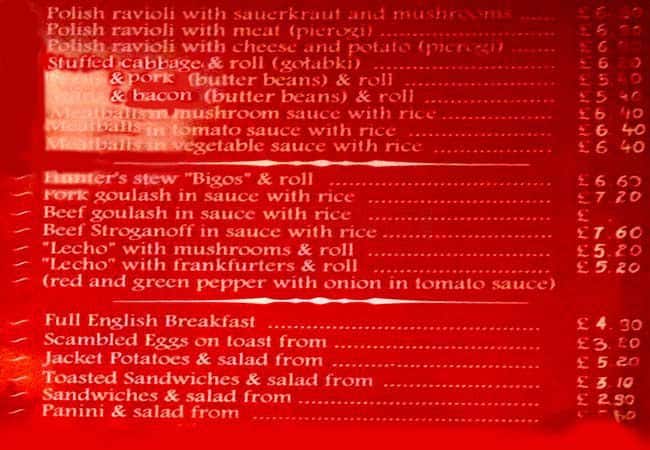 Menu at Polish Cafe, London, 29 London road