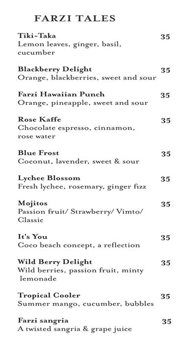 Menu at Farzi cafe, Dubai