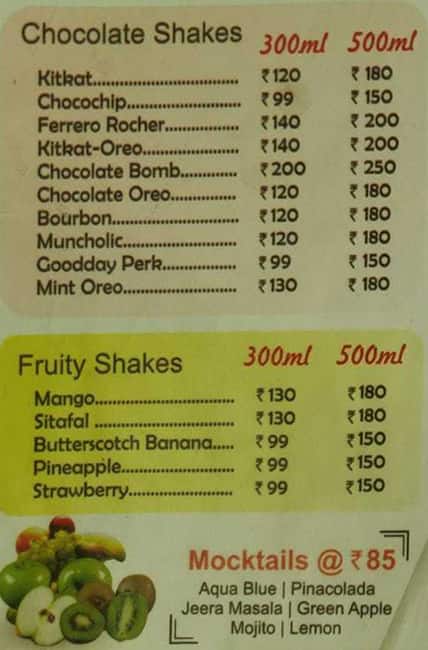 Menu of Shake O Holic, College Road, Nashik