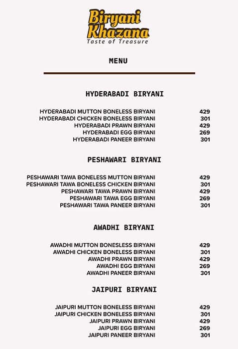 Menu of Biryani Khazana, Thippasandra, Bangalore
