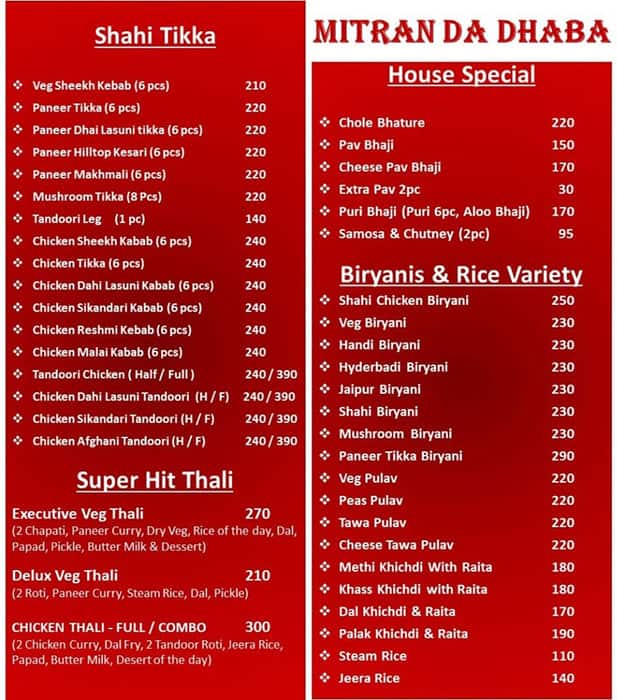 Menu of Mitran Da Dhaba, Wanowrie, Pune
