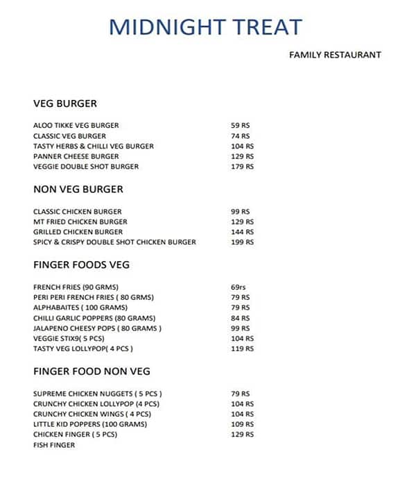 Menu of Midnight Treat, Poonamalle, Chennai