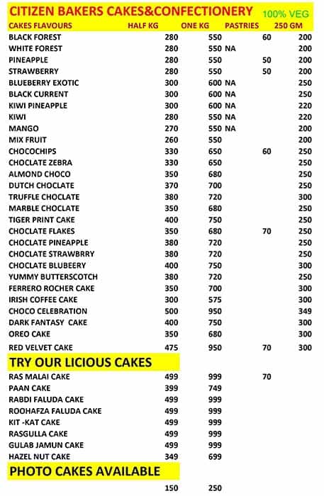 Menu of Citizen Bakers Cakes & Confectionary, Bhayandar, Mumbai