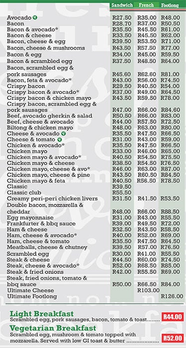Menu at Sandwich Baron, Johannesburg, 59 Northwold Drive