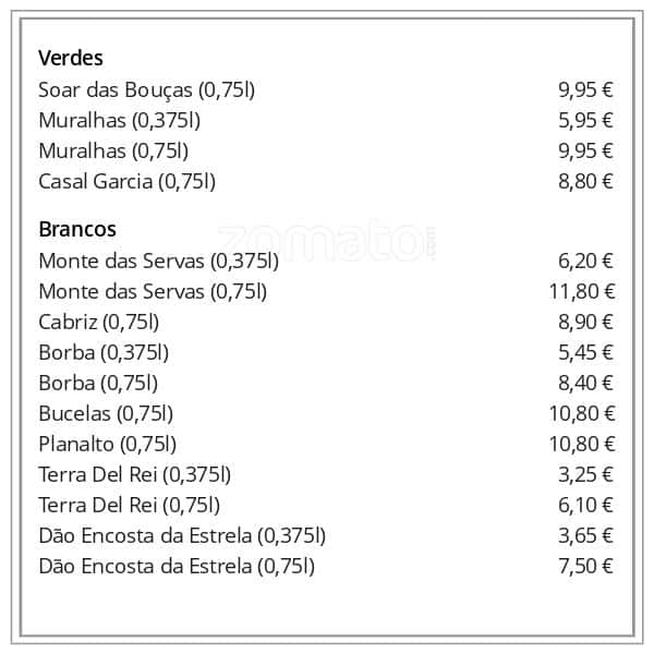 Menu at Beira Alta restaurant, Lisbon, Avenida 25 de Abril