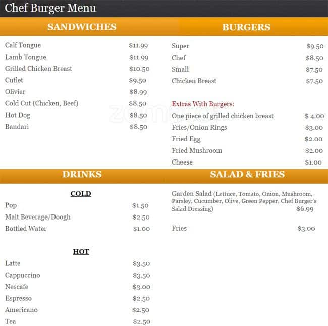 Menu at Chef Burger & Breakfast restaurant, Richmond Hill, Yonge St