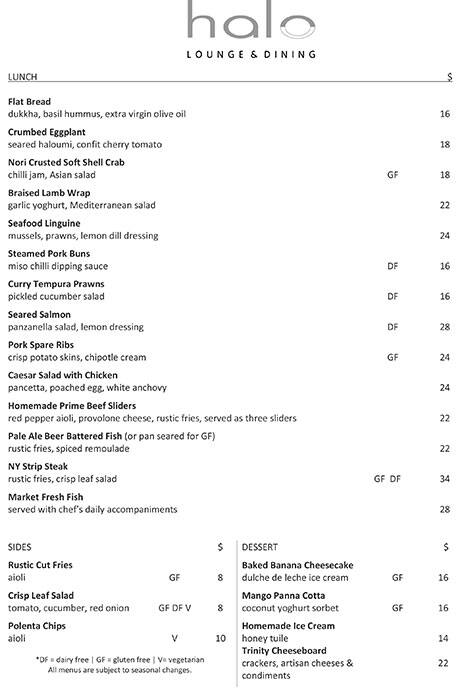 Menu at Halo Lounge & Dining, New Zealand