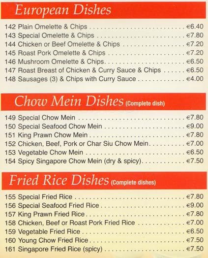 Menu at Far East, Dublin, 88 Shantalla Road