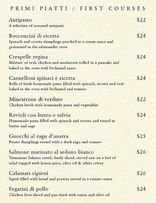 Menu at Perugino Restaurant, West Perth