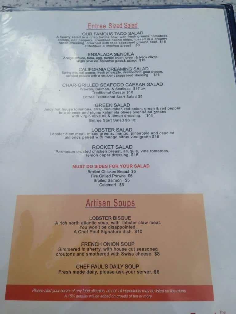 Menu at Beachcomber restaurant, Winnipeg