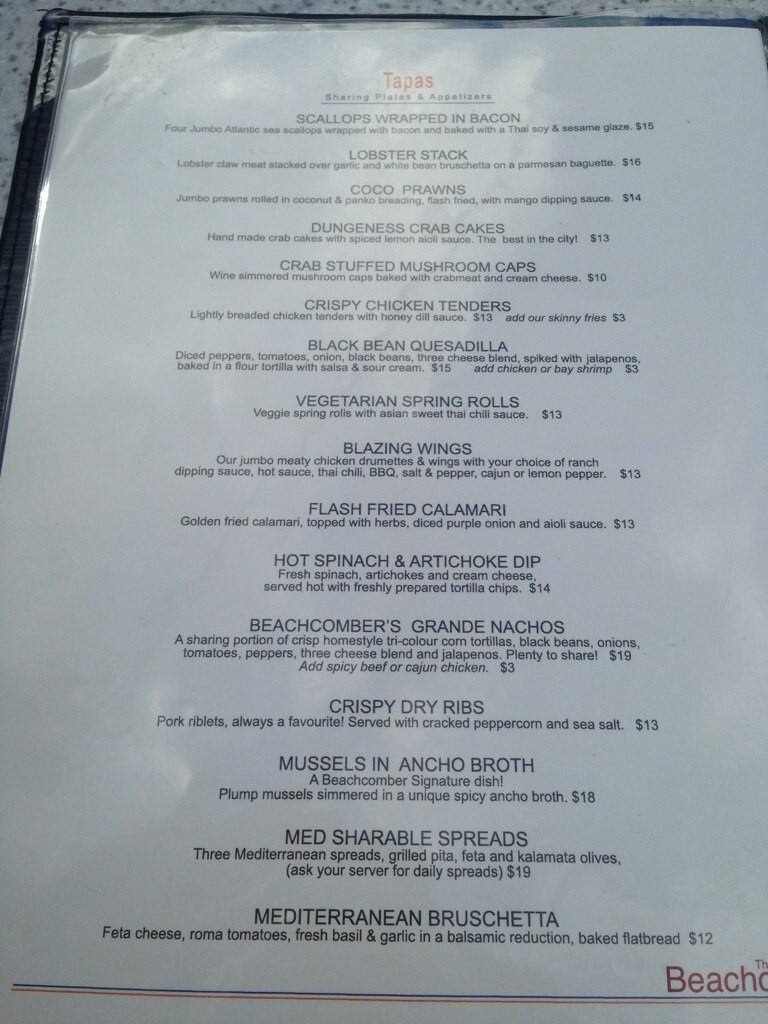 Menu at Beachcomber restaurant, Winnipeg