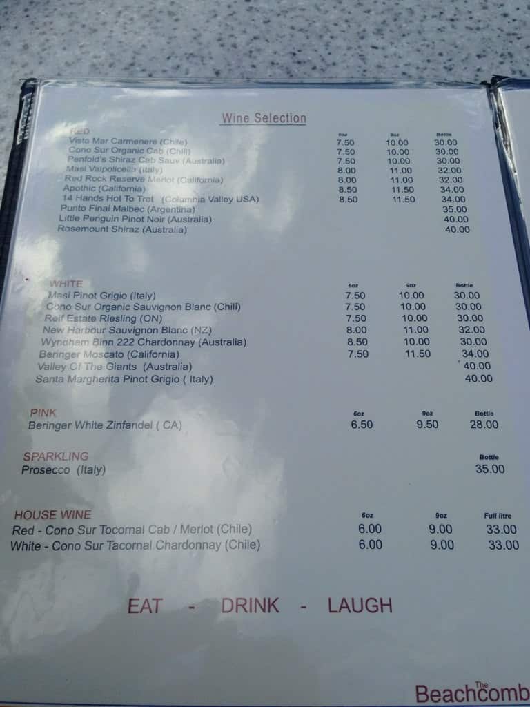 Menu at Beachcomber restaurant, Winnipeg