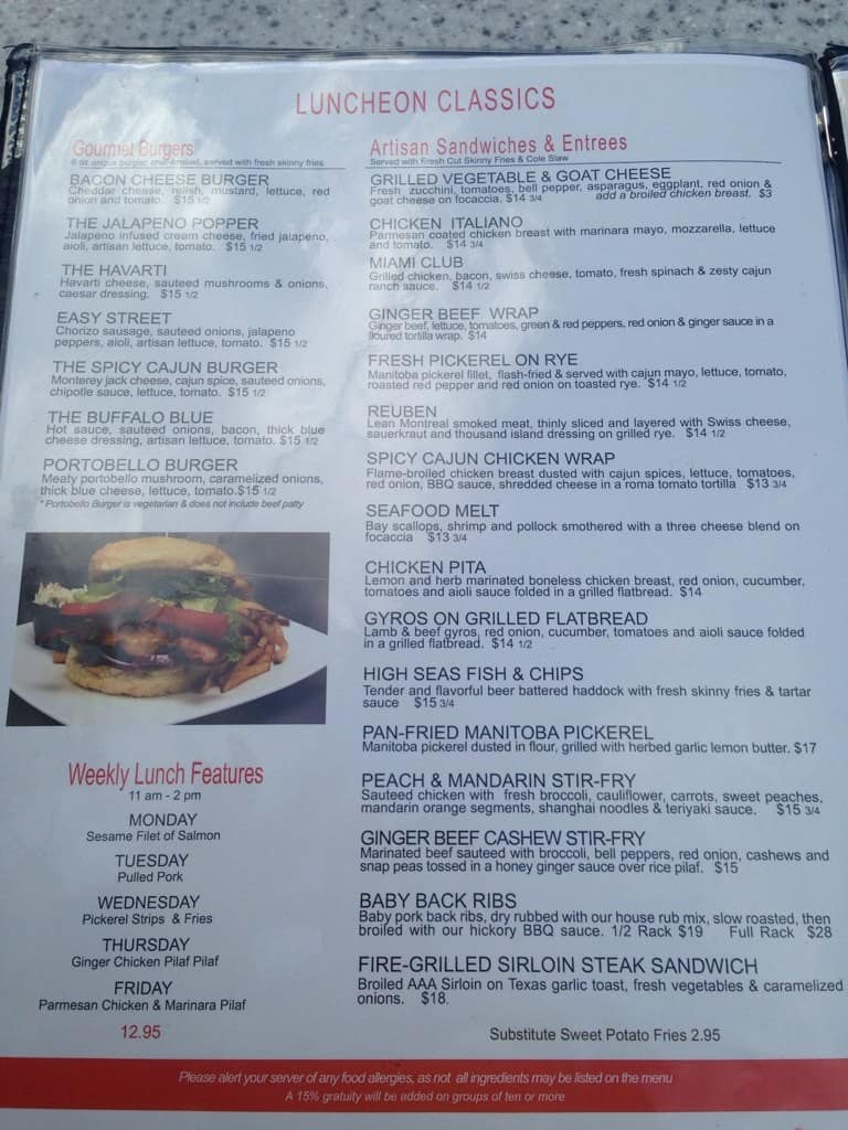 Menu at Beachcomber restaurant, Winnipeg