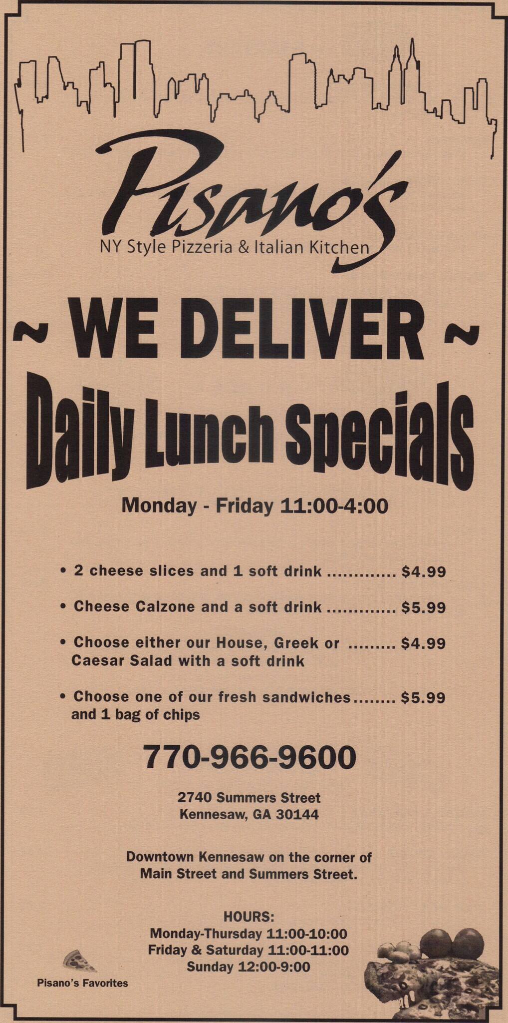 Menu at Pisano's Pizzeria & Italian Kitchen, Kennesaw