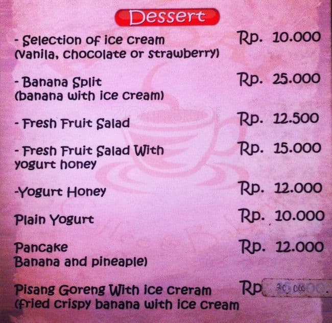 Menu at Cafe Kedai, Ubud