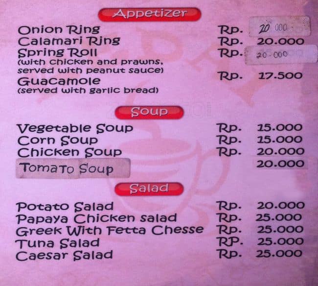 Menu at Cafe Kedai, Ubud