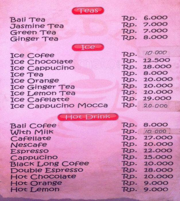 Menu at Cafe Kedai, Ubud