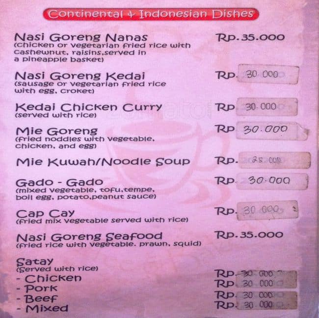 Menu at Cafe Kedai, Ubud