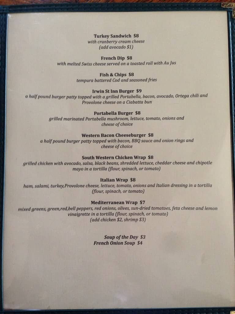 Menu at The Irwin Street Inn restaurant, Hanford