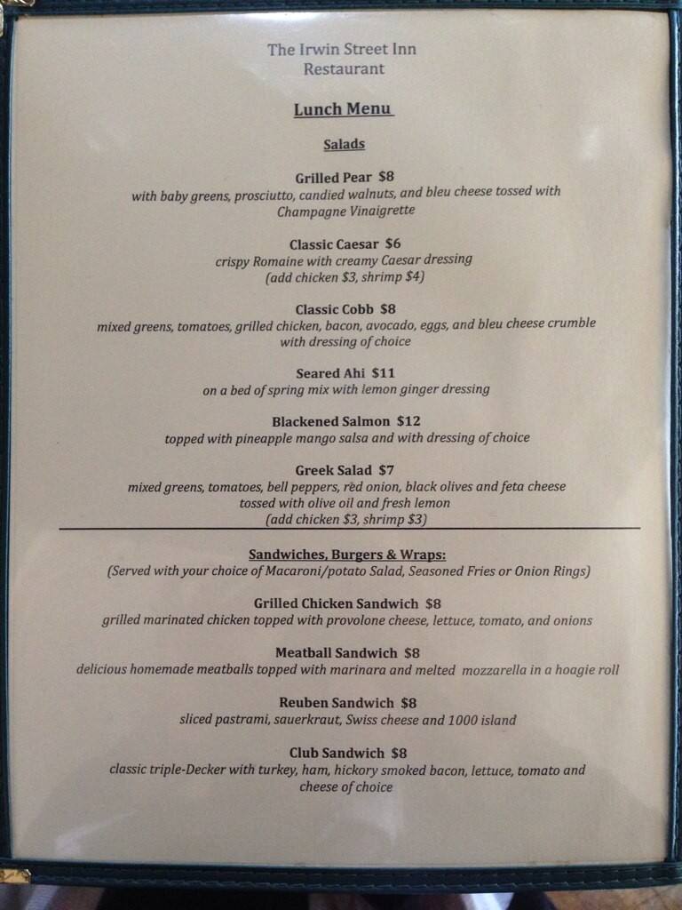 Menu at The Irwin Street Inn restaurant, Hanford
