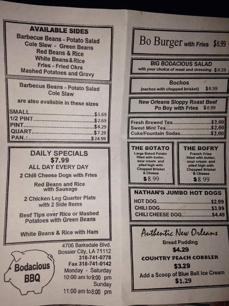 Menu at Bodacious Bar-B-Q, Bossier City