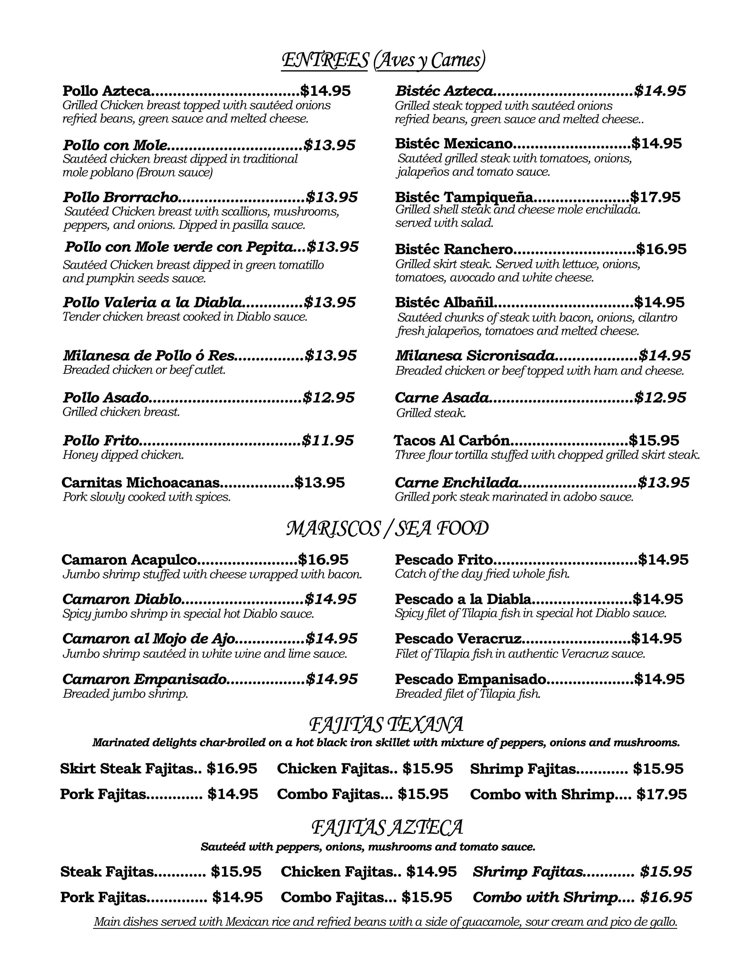 Menu at Azteca restaurant, Mount Kisco