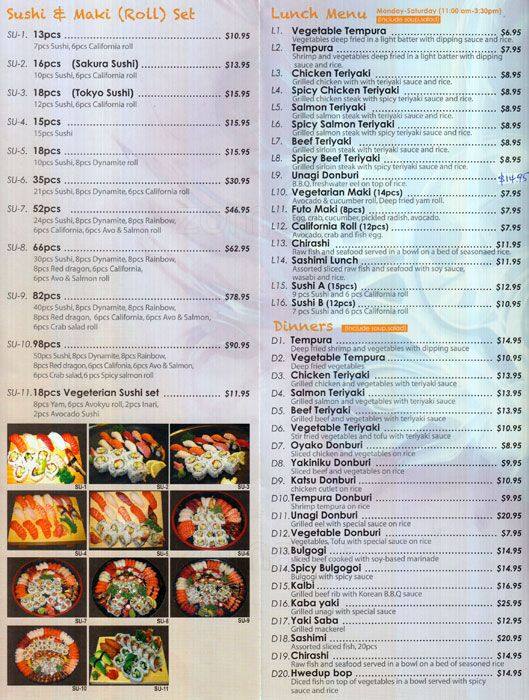 Menu at Tokyo Sushi restaurant, Toronto, Bloor St W