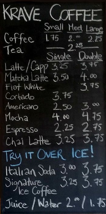 Menu at Krave Coffee cafe, Toronto