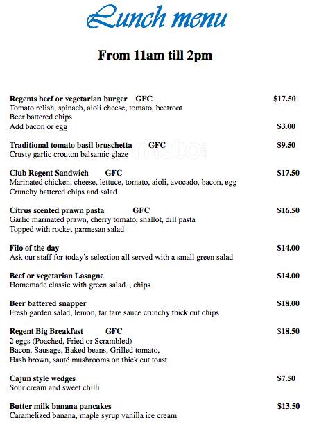 Menu at Quality Hotel Regent Rockhampton pub & bar, Rockhampton City