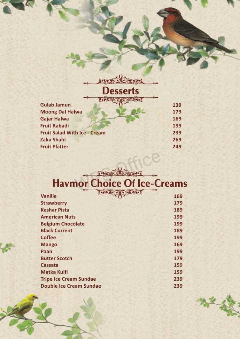 Menu at Bird Valley, Pune